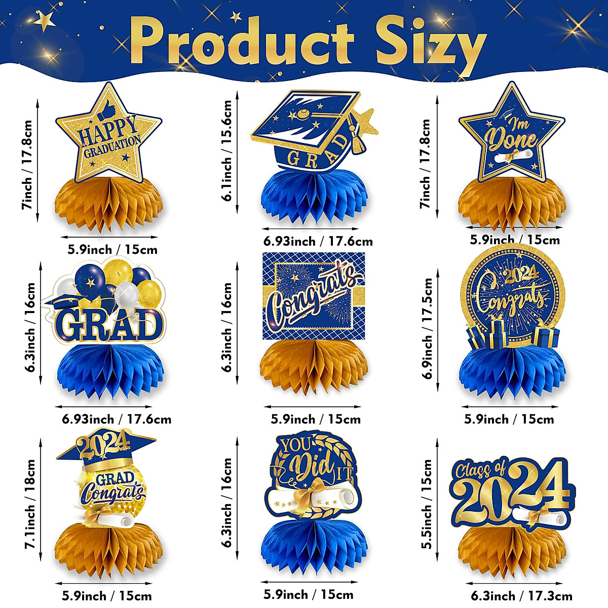 9 PCS Graduation Party Decorations Class of 2024 Black and Gold Congrats Grad Honeycomb Centerpieces for Tables 2024,Congratulate Graduation Table Toppers for Graduation Party Favor Supplies
