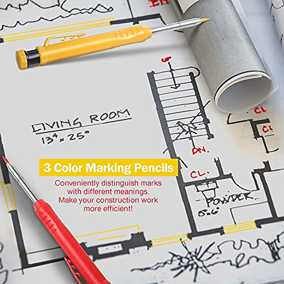 Hiboom 3 Pack Solid Carpenter Pencil with 21 Refill, Long Nosed Deep Hole Mechanical Pencil Marker with Built in Sharpener for Carpenter Fathers Day Gift (Yellow, Red, Black Cover)