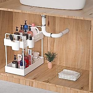 Ormeli Under Sink Organizer, 2 Tier Bathroom Sink Storage Under Cabinet Organizer Baskets Kitchen Countertop Organizer Multi-purpose Bath Collection Baskets with 6 Hooks 2 Hanging Cups (White, 2)