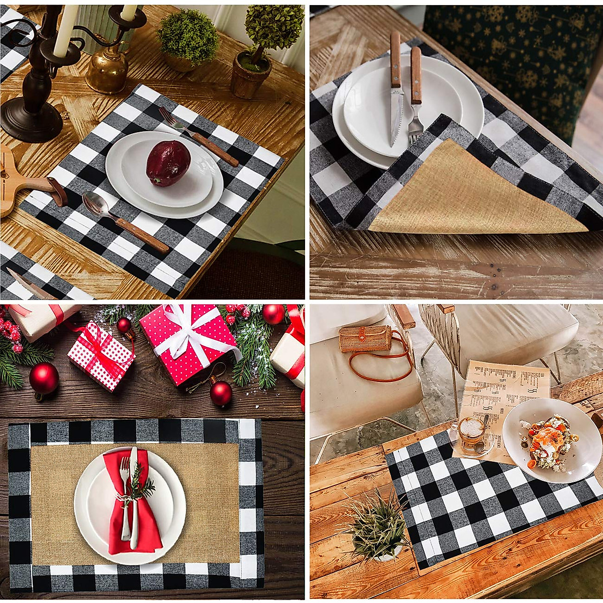 Senneny Set of 6 Christmas Placemats Buffalo Check Placemats Black White Plaid Reversible Burlap & Cotton Placemats for Christmas Holiday Table Home Decoration