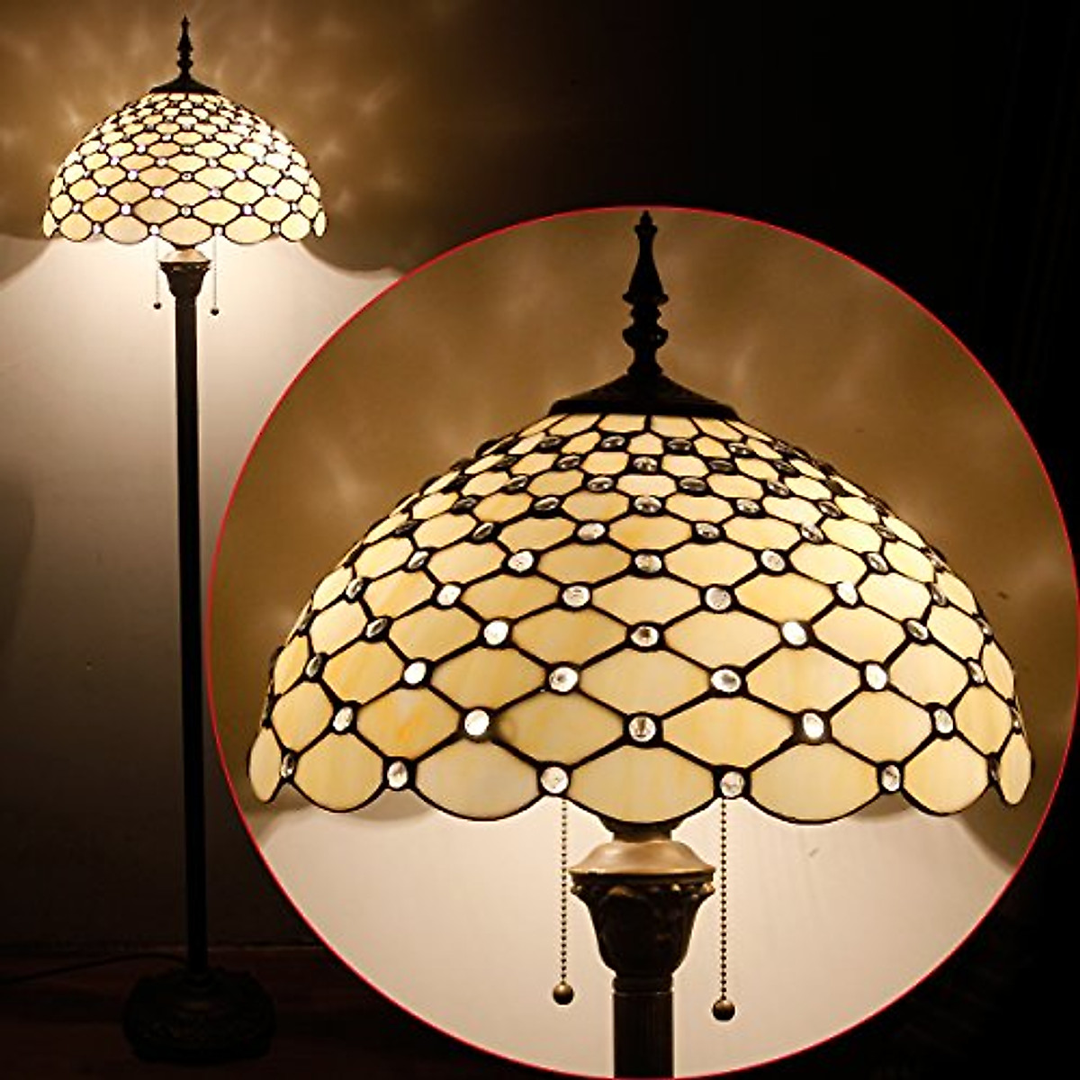 WERFACTORY Tiffany Floor Lamp Cream Amber Stained Glass Bead Standing Reading Light 16X16X64 Inches Antique Pole Corner Lamp Decor Bedroom Living Room Home Office (LED Bulb Included) S005 Series