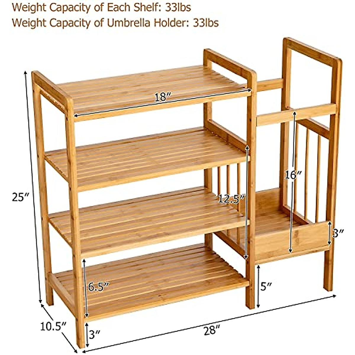 LUARANE 4-Tier Shoe Rack with Umbrella Stand, Free Standing Entryway Organizer with Bamboo Frame, Multifunctional Shoe Shelf for Entryway Hallway Living Room Staircase