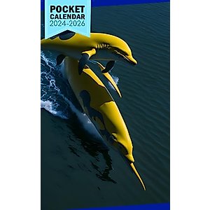 Pocket Calendar 2024 - 2026 With Moon Phase: Three-Year Monthly Planner for Purse , 36 Months from January 2024 to December 2026 | Yellow dolphin surfer