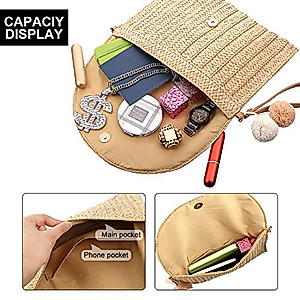 Frienda Straw Shoulder Bag Clutch Straw Crossbody Bag Beach Straw Handmade Bag Woven Rattan Bag for Women Envelope Wallet (Light Brown)