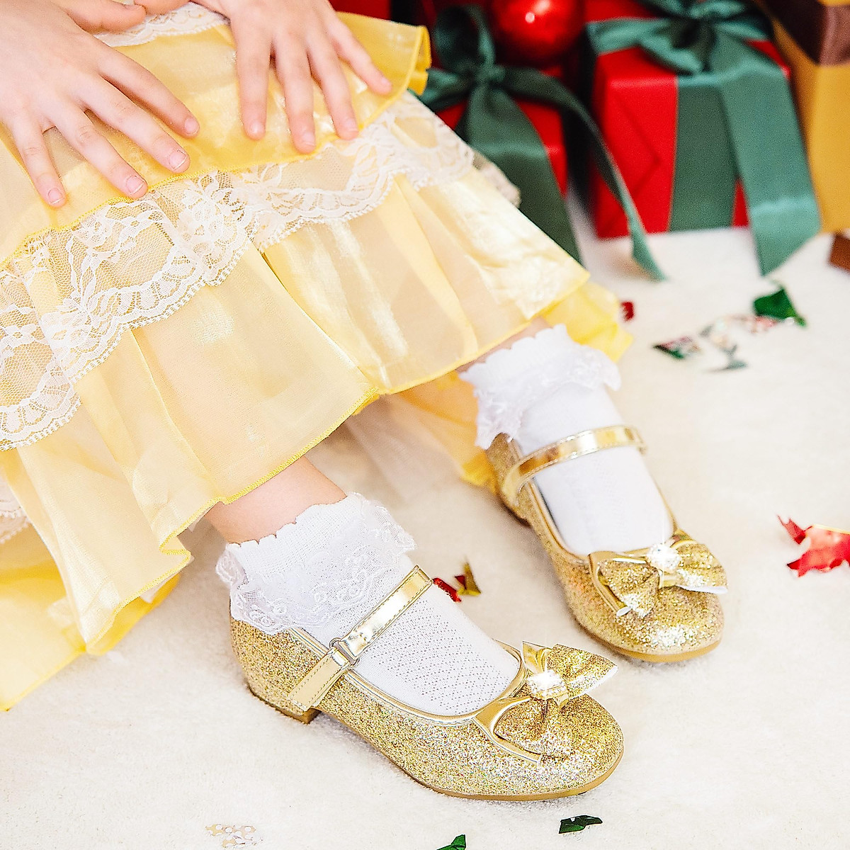 Furdeour Girls Flats Shoes Size 1 Gold Party High Heels for Little Flower Girls Cosplay Wedding Princess(2701Gold 1)