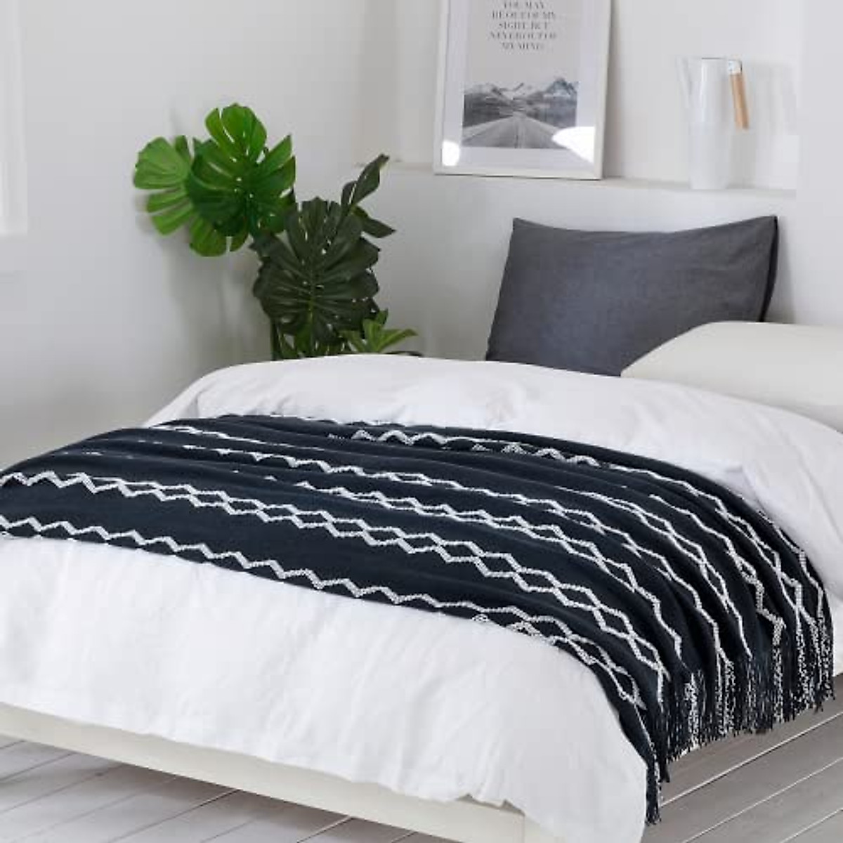 BOURINA Fluffy Chenille Knitted Fringe Throw Blanket Lightweight Soft Cozy for Bed Sofa Chair Throw Blankets, Navy 50" x 60"