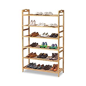 KUJOBUY Bamboo Shoe Rack 6 Tier Natural Wooden Rack Multipurpose Storage Organizer Free Standing Shelves Books Flowerpots Plants Entryway Closet