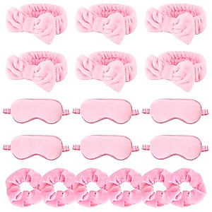 WHAVEL 18 Pcs Sleepover Party Supplies for Girls - Pink Party Favors Include 6 Spa Headband, 6 Silk Eye Mask and 6 Velvet Scrunchies for Spa Birthday, Bachelorette Party, Slumber (Pink)