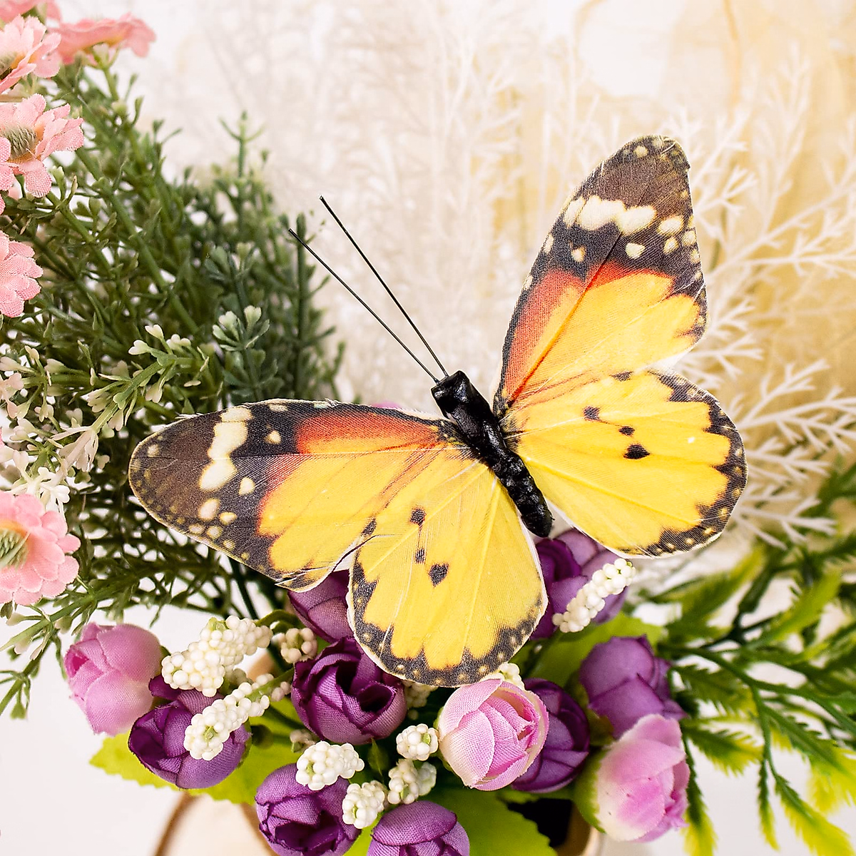 Berfutall- Feather Butterfly Decorations Set of 12 with Wire Butterflies for Crafts Decorative Monarch Butterfly 4.7×2.7in Home Garden Decoration