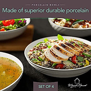 Maison Neuve Premium Porcelain White Dinner Bowls [Set of 4]- 34oz Dinnerware Kitchen Bowls For Soup, Noodle, Pasta, Salad, Cereal, Dessert- Durable Dishwasher-Safe 8.5” Serving Bowls- Textured White