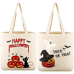 Weewooday 2 Pieces Halloween Tote Bag Reusable Canvas Bag Grocery Shopping Bag Pumpkin Candy Bag for Halloween Party or Daily Supplies