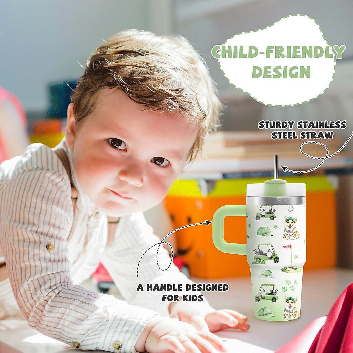 Golf Gifts for Boys Men, Golf Tumbler with Handle and Straw for Kids 14oz, Golfer Lover Gifts, Stainless Steel Funny Dog Mug, Golfer Gift for Boys Girls Him Son on Birthday