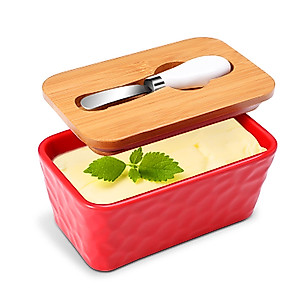 Gute Butter Dish, Ceramic Butter Dish with Lid and Knife for Countertop, Double Silicone Seal Butter Keeper,Large Butter Container For West East Coast Butter,Unique Stone Pattern,Red