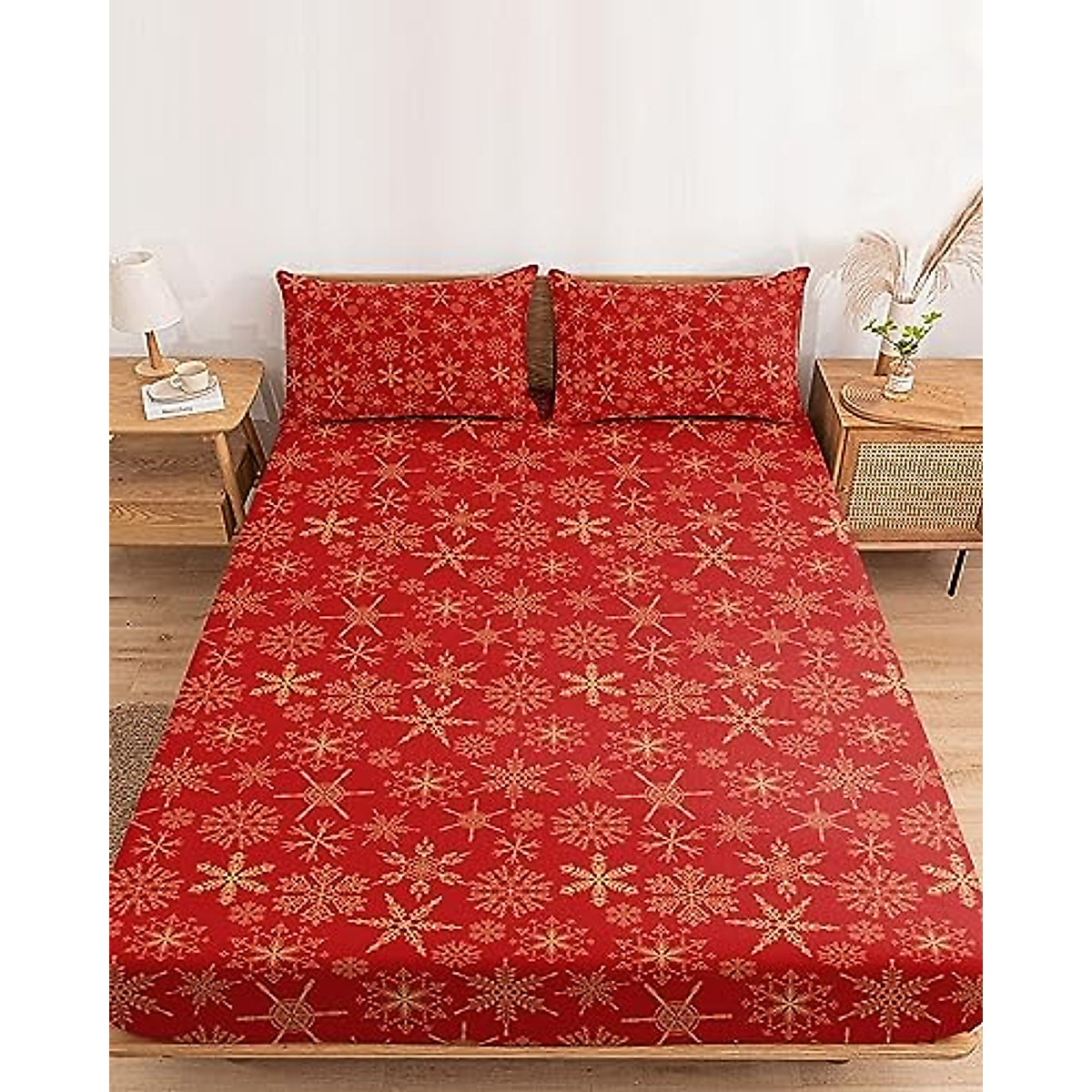 Full Size Fitted Sheet Bed Set Winter Christmas Gold Snowflake Deep Pocket Soft Bottom Sheets&Pillowcases for Bedroom Decor Seamless Snow on Red,Fits Mattress Up to 16" Deep