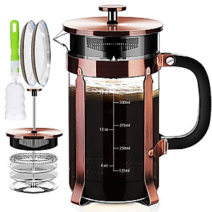 YMMIND French Press Coffee Maker 304 Stainless Steel Coffee Press,with 4 Filters System, Heat Resistant Thickness Borosilicate French Press Glass, BPA-Free Brewed Tea Pot Coffee Plunger