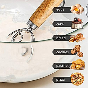 TEEVEA Danish Dough Whisk Stainless Steel Dough Whisk Dutch Style Bread Dough Hand Mixer Wooden Handle Kitchen Baking Tools Bread Making Tools and Supplies