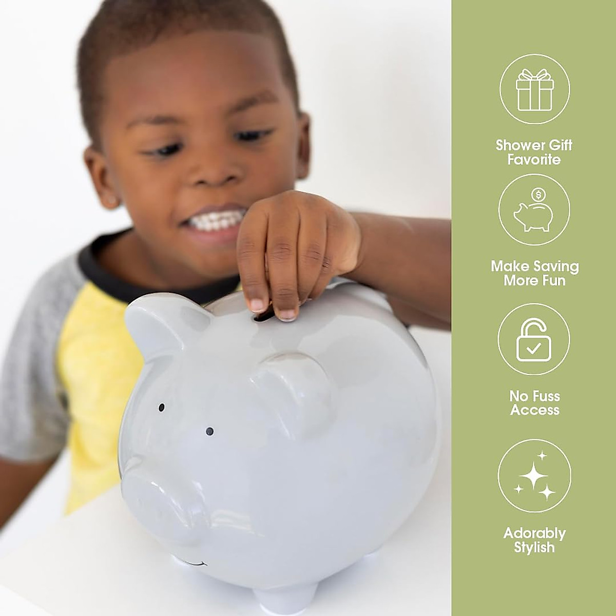 Pearhead Large Ceramic Piggy Bank, Ideal for Boys and Girls, Kids Money and Coin Bank, Perfect Baby Boy Nursery Décor, Great Gift and Newborn Keepsake, Solid Gray