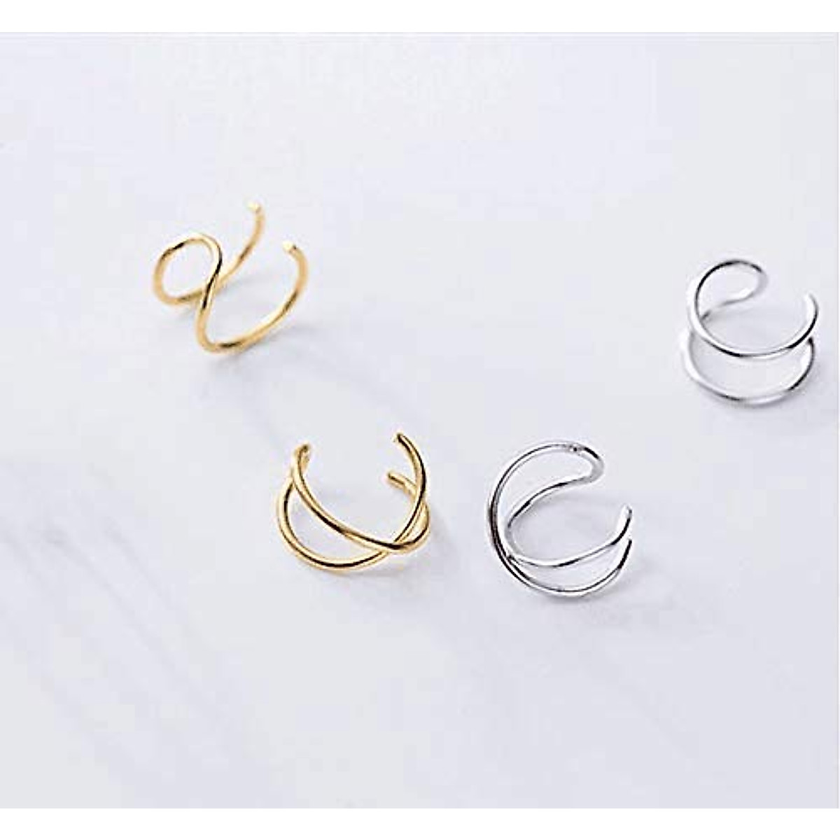 Minimalist 4 PCS S925 Sterling Silver Criss Cross Ear Cuff No Pierce Ear Cuff Sets Double Simple Lines Ear Cuff Fake Cartilage Earring Helix Piercing（4PCS）