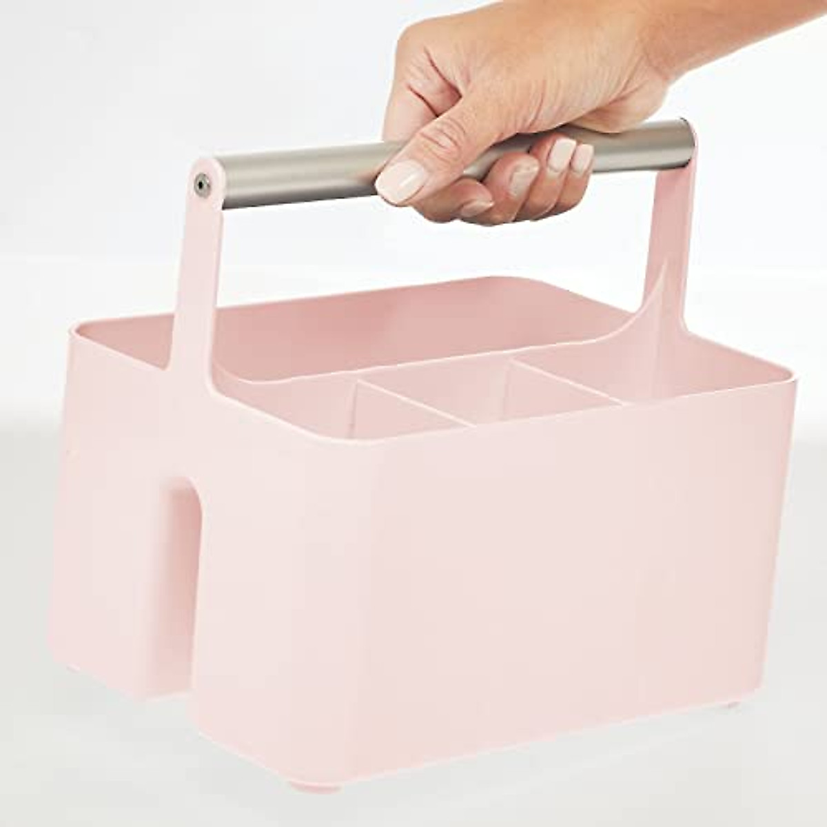 mDesign Plastic Shower Caddy Storage Organizer Utility Tote, Divided Basket Bin - Metal Handle for Bathroom, Dorm, Kitchen, Holds Soap, Shampoo, Conditioner - Aura Collection - Light Pink/Satin