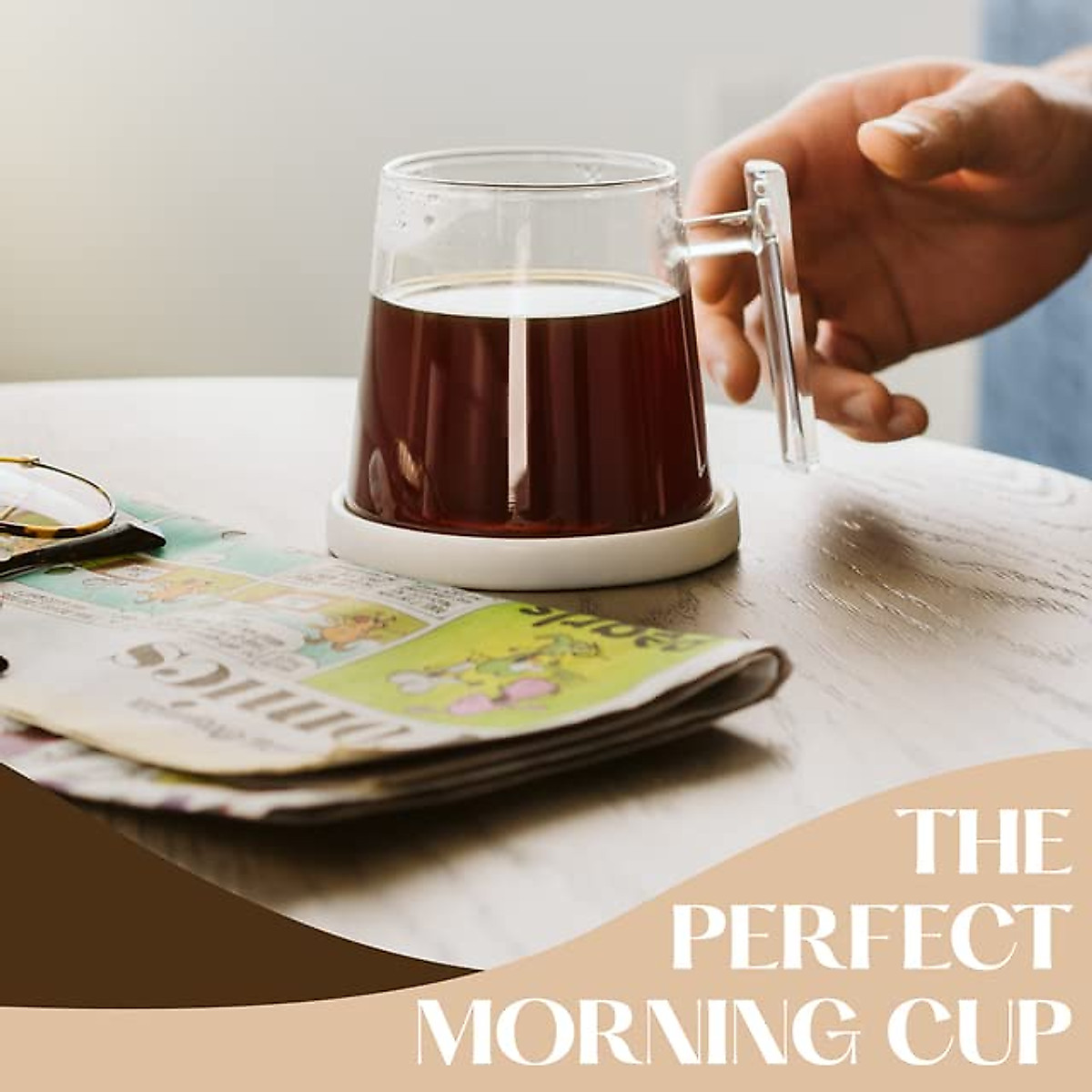 Pure Over Signature Borosilicate Glass Mug - Holds 14 oz - Includes Ceramic Coaster - Modern Design with Ergonomic Handle - Perfect for Hot & Iced Coffee, Latte, Cappuccino, Tea, Hot Chocolate