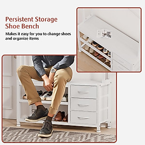 Lulive Hall Tree with Bench and Shoe Storage, 31.5" Coat Rack Freestanding with 2-Tier Storage Shelf, 5-in-1 Entryway Bench Coat Rack with 12 Hooks and 3 Drawers(White)