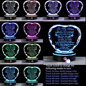 YWHL Gifts for Mom from Daughter Son Moms Birthday Gifts Unique Heart Crystal Gift for Mom with LED Base on Mother's Day Christmas Valentine's Day