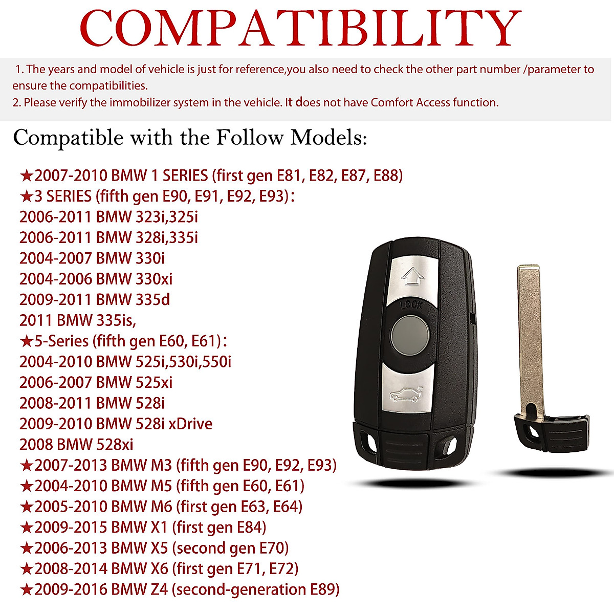 Key Fob Remote Replacement Fits for BMW 325i 328i X1 X5 X6 Z4 M3 M5 1/3/5 Series CAS3 2005 2006 2007 2008 2009 2010 2011 2012 2013 KR55WK49127 KR55WK49123 Keyless Entry Remote Control 66126986583