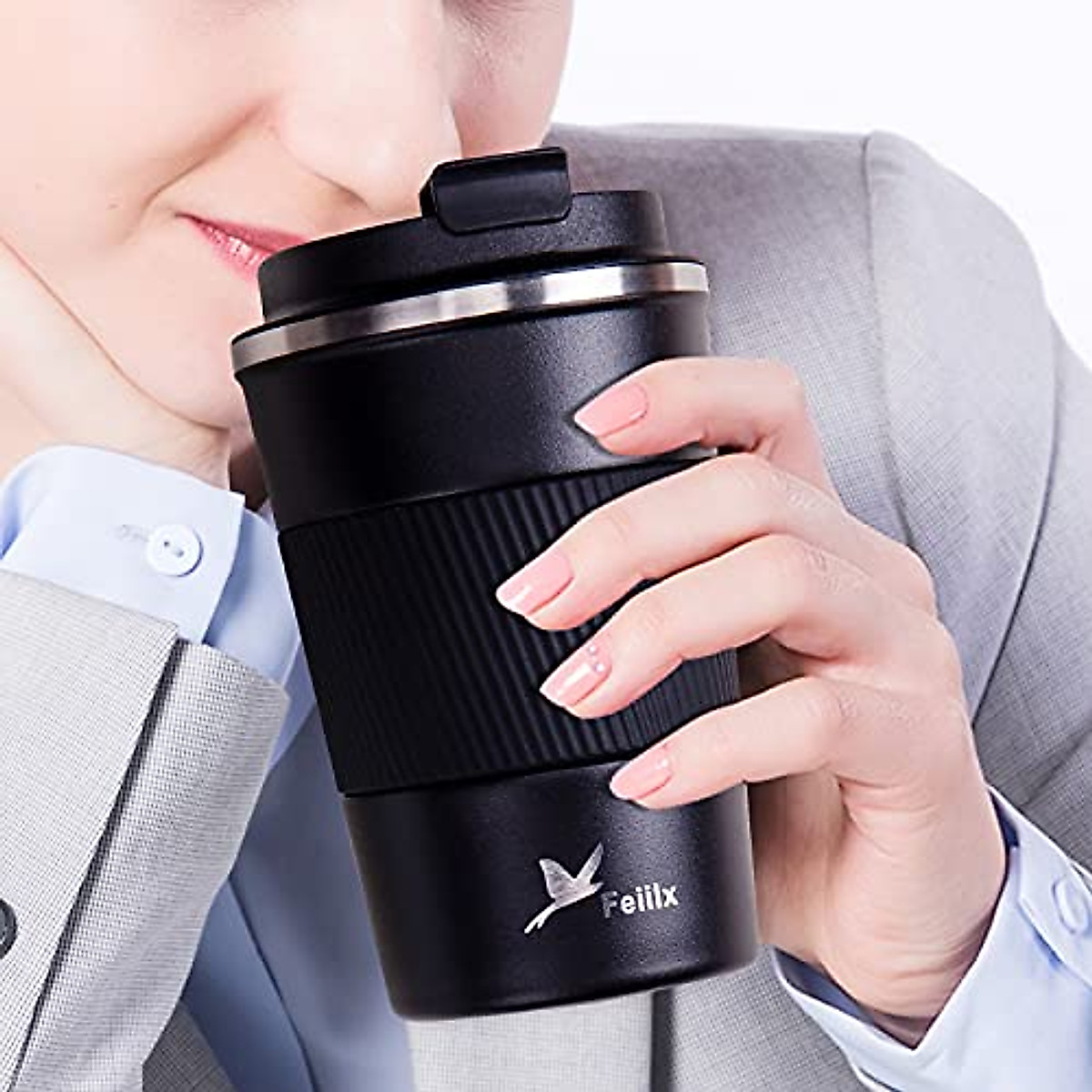 Double-layer Stainless Steel Travel Cup, Vacuum Insulated Coffee Cup, Fat-bottomed Cup with Flip Lid, 18 Ounces (Approximately 510 Grams),White.(big)