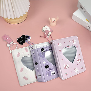 3 Inch Mini Photo Album, Heart Hollow Card Binder Photo Album Kpop Photo Card Holder with Pendant 40 Pockets (purple black cat)
