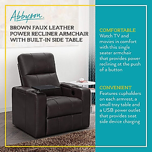 Abbyson Living Rider Powered Reclining Theater Chair - Built in USB/Power Outlet, Cup Holders, Tray/Side Table, Faux Leather Home Theater Chair, Brown