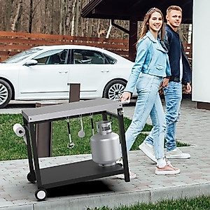 MixRBBQ Outdoor Grill Cart Double-Shelf Movable Cooking Table, New Upgraded Pizza Oven Cart for Outside Kitchen Island Worktable, Foldable Food Prep Cart with 3 Hooks and Side Handle