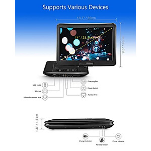 UEME 16''Portable DVD Player with 14''HD Large Screen, Mobile DVD Player for Kids with Rechargeable Battery, Support USB/SD Card/Sync TV and Multiple Disc Formats