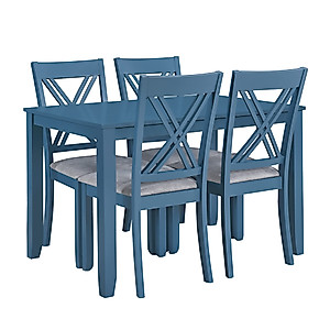 WOZNLA 5-Piece Rustic Round Dining Set-Minimalist Wood Kitchen Table with 4 Comfortable X-Back Padded Chairs-Ideal for Cozy Gatherings, Blue
