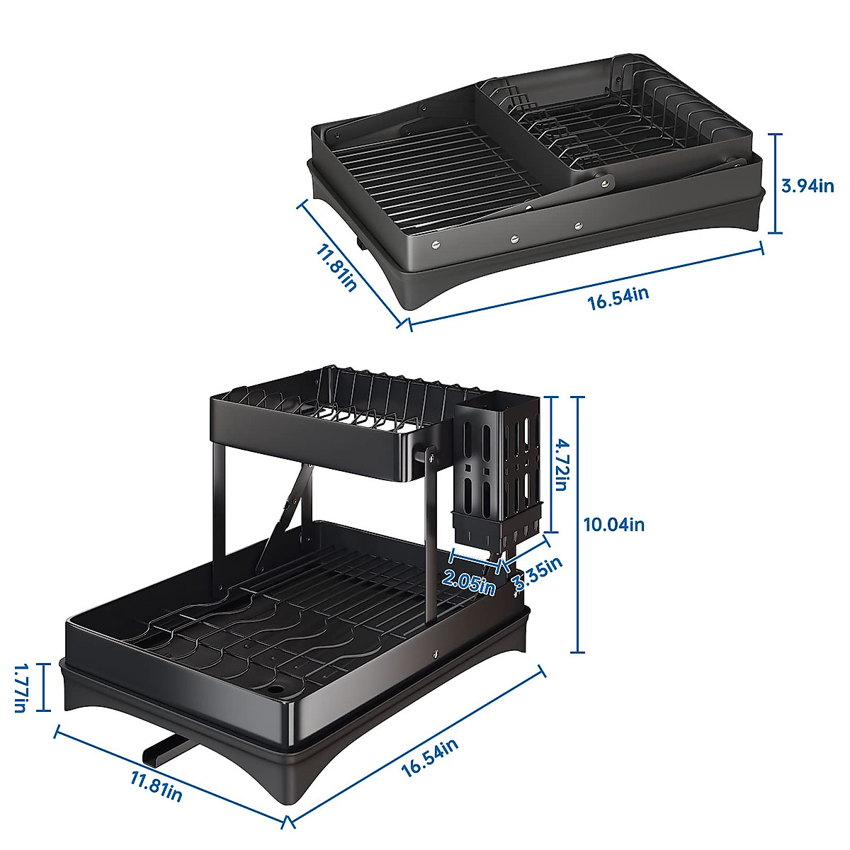 HERJOY Dish Drying Rack, Collapsible Dish Rack for Kitchen Counter with Drainboard Set, Stainless Steel Folding Dish Drainer Organizer Storage with Utensil Holder, Black
