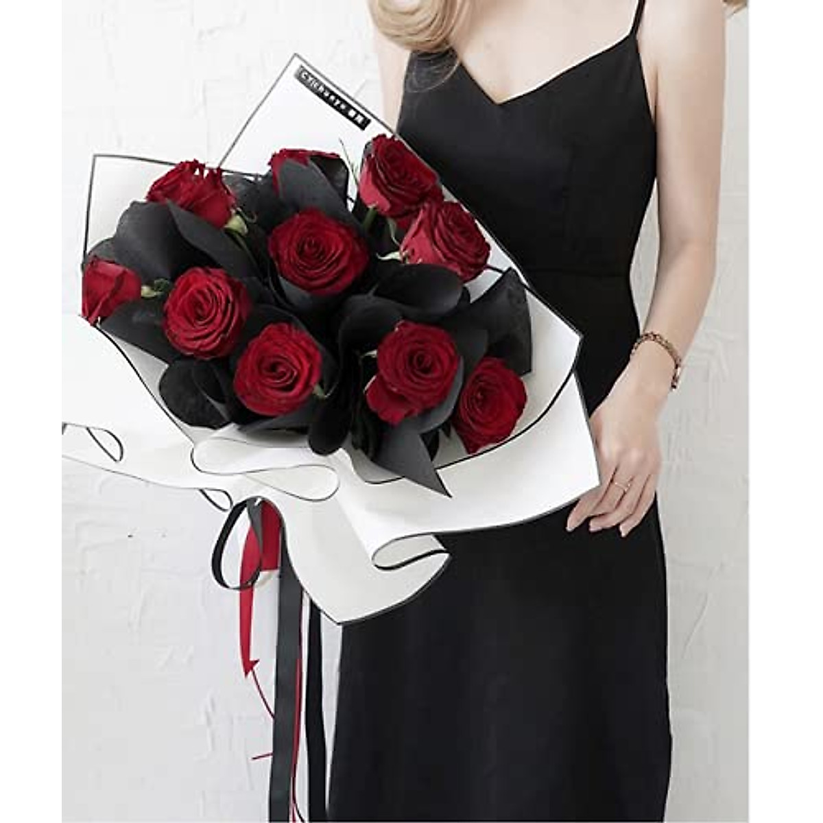 20 Counts 4 Styles Black White Waterproof Florist Bouquet Paper Packaging Paper,Fresh Flowers Wrapping Paper with Border 23"with 48 Yards 1/2"Fabric Ribbons,Gift Packaging for Birthday Holiday Wedding