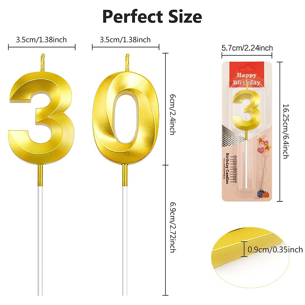 30th Birthday Candles, Number 30 Candles, Gold Birthday Candles, Happy Birthday Candles for Cake, 30th Birthday Cake Topper Decorations for 30th 3 Year Old Birthday Wedding Anniversary Supplies
