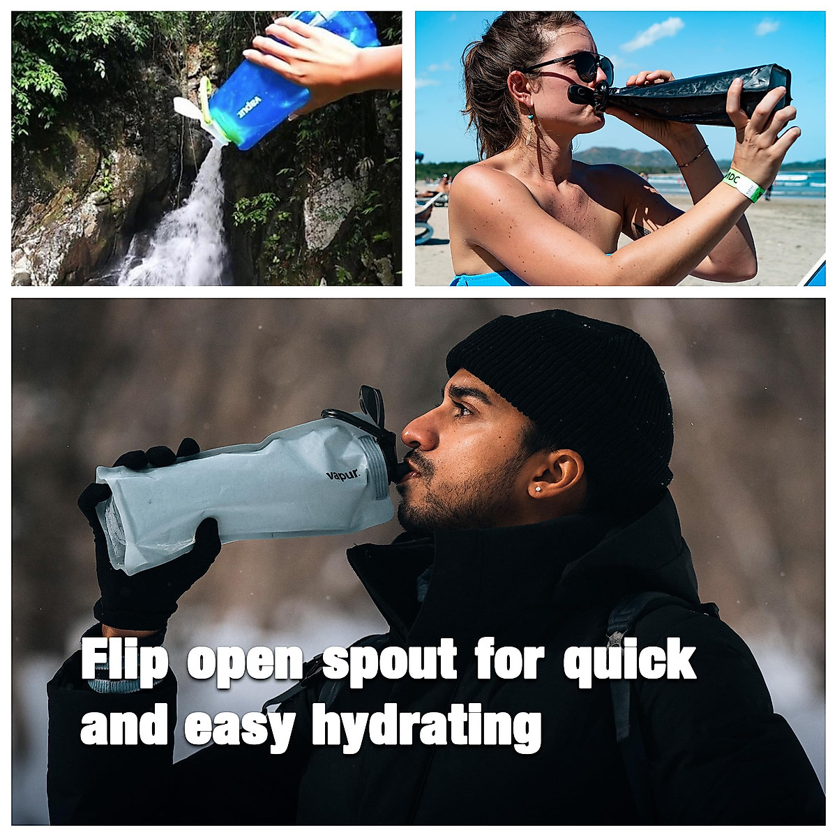 Vapur Collapsible Water Bottle With Carabiner, Compact Bottle Folds Flat For Hydration On The Go, Ideal for Traveling, Hiking or Camping, 34 Ounce, Blackout, Pack of 2