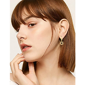 Qxsatuv Sun Earrings Gold Dangle Huggie Hoop Earrings with Sun Charm for Women Girls, 14k Real Gold Plated Hypoallergenic Statement Hinged Hoop Earrings with CZ Drop, Trendy Dainty Nap Earrings