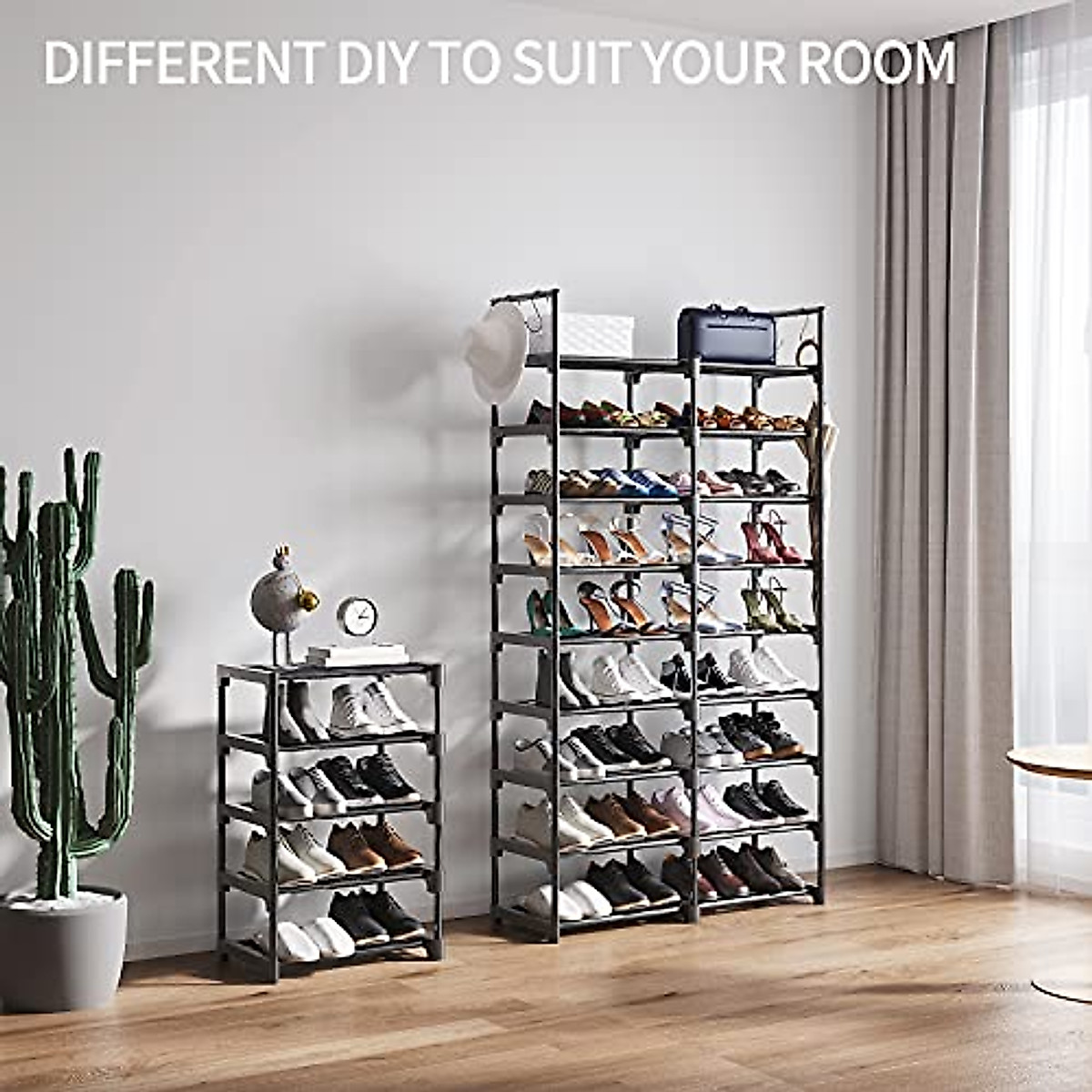 WOWLIVE 9 Tiers Large Shoe Rack Shoe Storage Shoe Organizer 50-55 Pairs Shoe Tower Unit Shelf Durable Metal Pipes with Plastic Connectors Stackable Shoe Cabinet Black(SSS3B9)