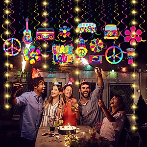 Skyygemm 56 Pcs 60s Hippie Hanging Decorations with Lights Groovy Retro Hippie Hanging Swirls Flower Peace and Love Bus Cutouts Tie Dye Ceiling Streamers for Birthday Baby Shower Supplies Favors