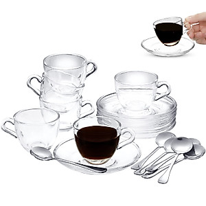 3.4 oz Espresso Cups Small Demitasse Clear Glass Espresso Drinkware Demitasse Cups Espresso Cups with Saucers Set Tea Cup and Saucer Set of 6 with Stainless Steel Mini Spoon for Hostess Coffee Lover