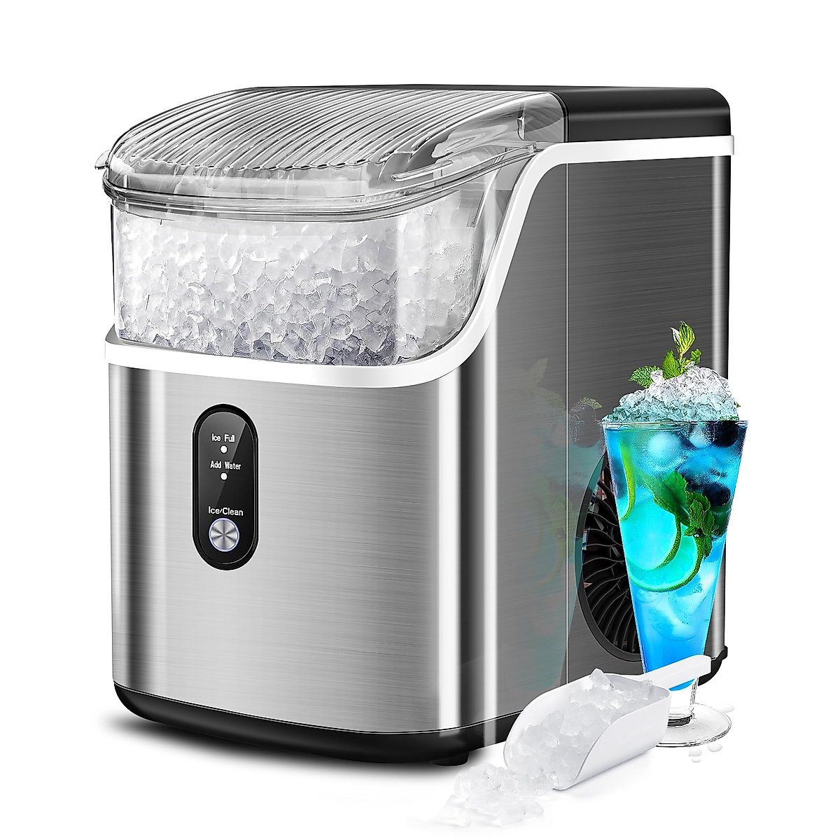 Havato Nugget Ice Maker Countertop with Soft Chewable Pellet Ice,Pebble Portable Ice Machine with Ice Scoop, 34lb in 24Hrs, One-Click Operation, Self-Cleaning, Stainless