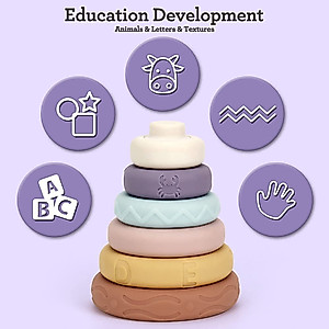 Mini Tudou Baby Blocks & Stacking Circles Toy Set, Baby Sensory Building & Teething Toys Educational Squeeze Play with Animals Shapes Textures Numbers, Best for Toddlers Babies 6m+