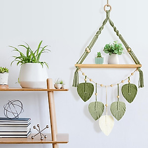 Urbun Macrame Wall Hanging Shelf-Boho Wall Plant Hanger Shelves with Handmade Woven Leaves, Rustic Wood Storage Display Shelf for Kitchen, Bathroom, Home Storage, Floating Plant Shelf