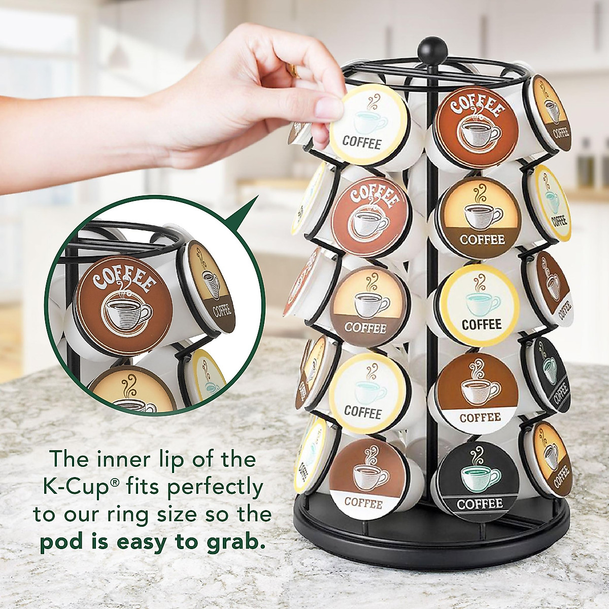 Nifty Coffee Pod Carousel – Compatible with K-Cups, 35 Pack Storage, Spins 360-Degrees, Lazy Susan Platform, Modern Black Design, Home or Office Kitchen Counter Organizer
