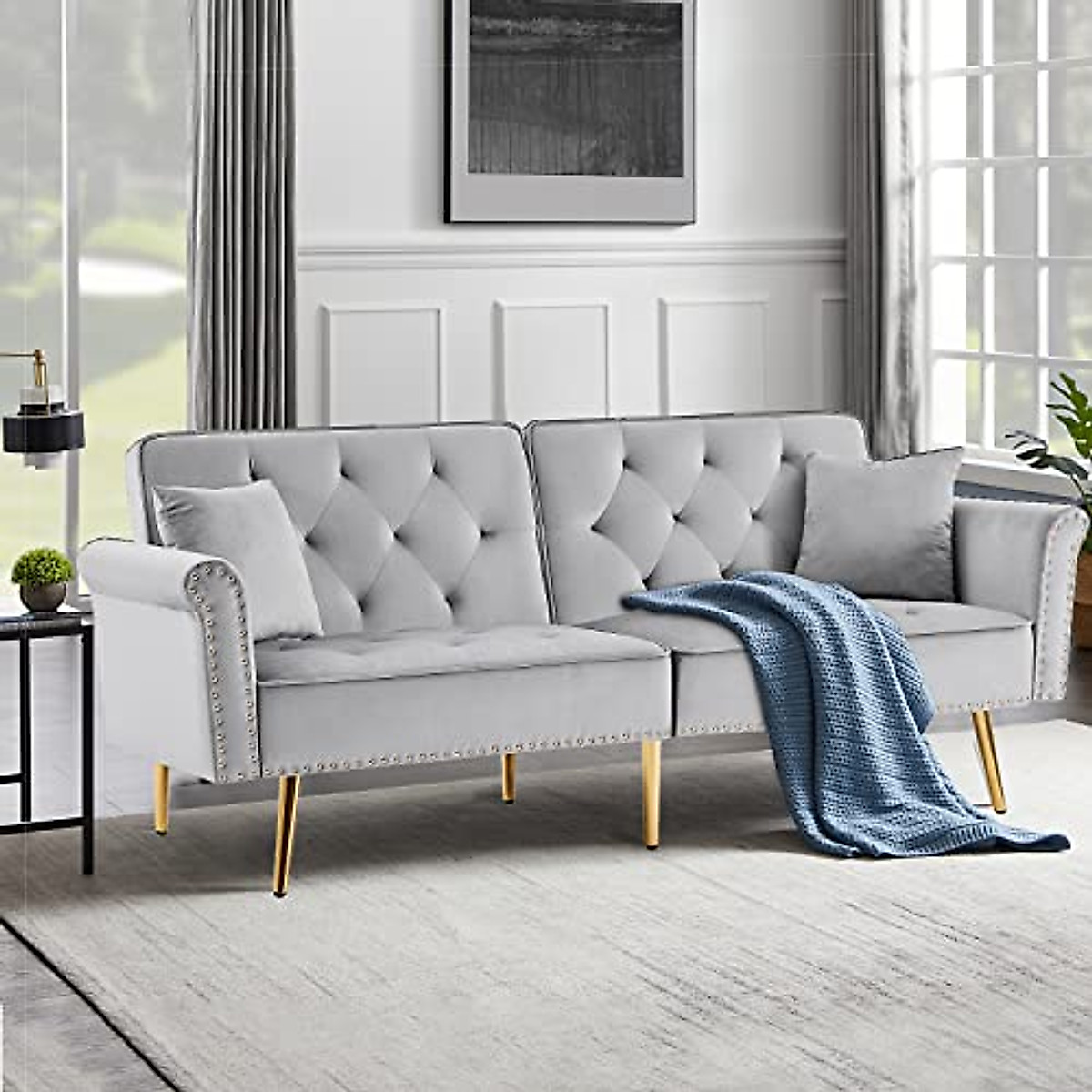 HUAYICUN Loveseat Convertible Sleeper Sofa, Modern Velvet Futon Sofa with 2 Pillows, Modern Armchair Accents Couch Metal Legs Lounge Chairs for Living Room
