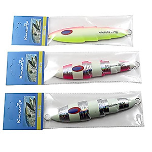 Kmucutie Saltwater Glow Fishing Jigs Deep Sea Fishing Lures Jigging Artificial Lures for Tuna,Grouper,Dogtooth,Bass Salmon (3 Piece Mixed Color E, 80 G)