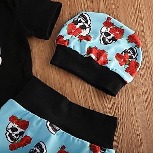 Yuemengxuan 4PCS Infant Newborn Baby Boys Girl Skull Romper+Pants+Hat+Mitten or Headband Halloween Clothes Outfit Set (Black+Blue, 0-6 Months)