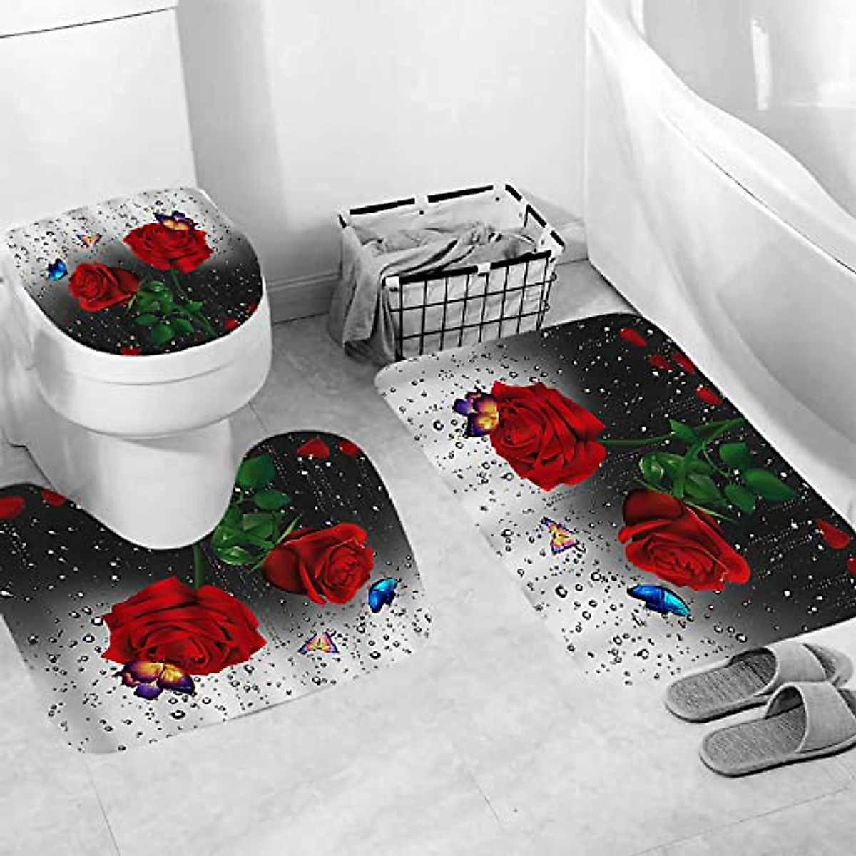 Red Rose Shower Curtain Sets with Non-Slip Rugs,Toilet Lid Cover and Bath Mats Rose Bathroom Sets with Rugs and Accessories Flower Shower Curtain for Bathroom Floral Bathroom Curtain Sets1-1