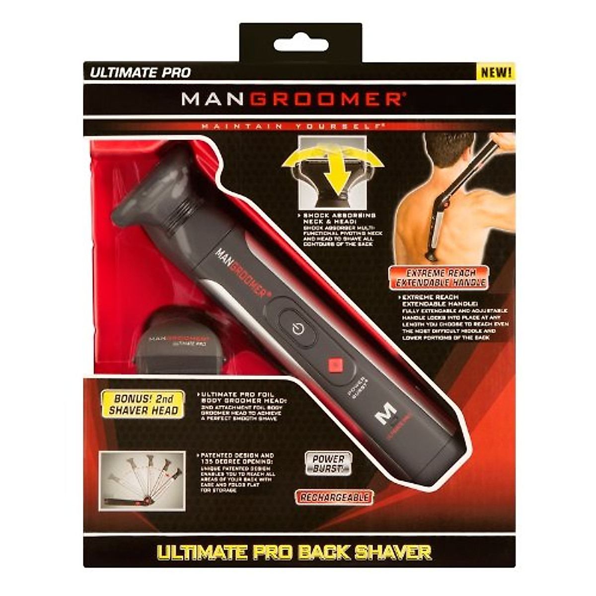 MANGROOMER - ULTIMATE PRO Back Shaver with 2 Shock Absorber Flex Heads, Power Hinge, Extreme Reach Handle and Power Burst